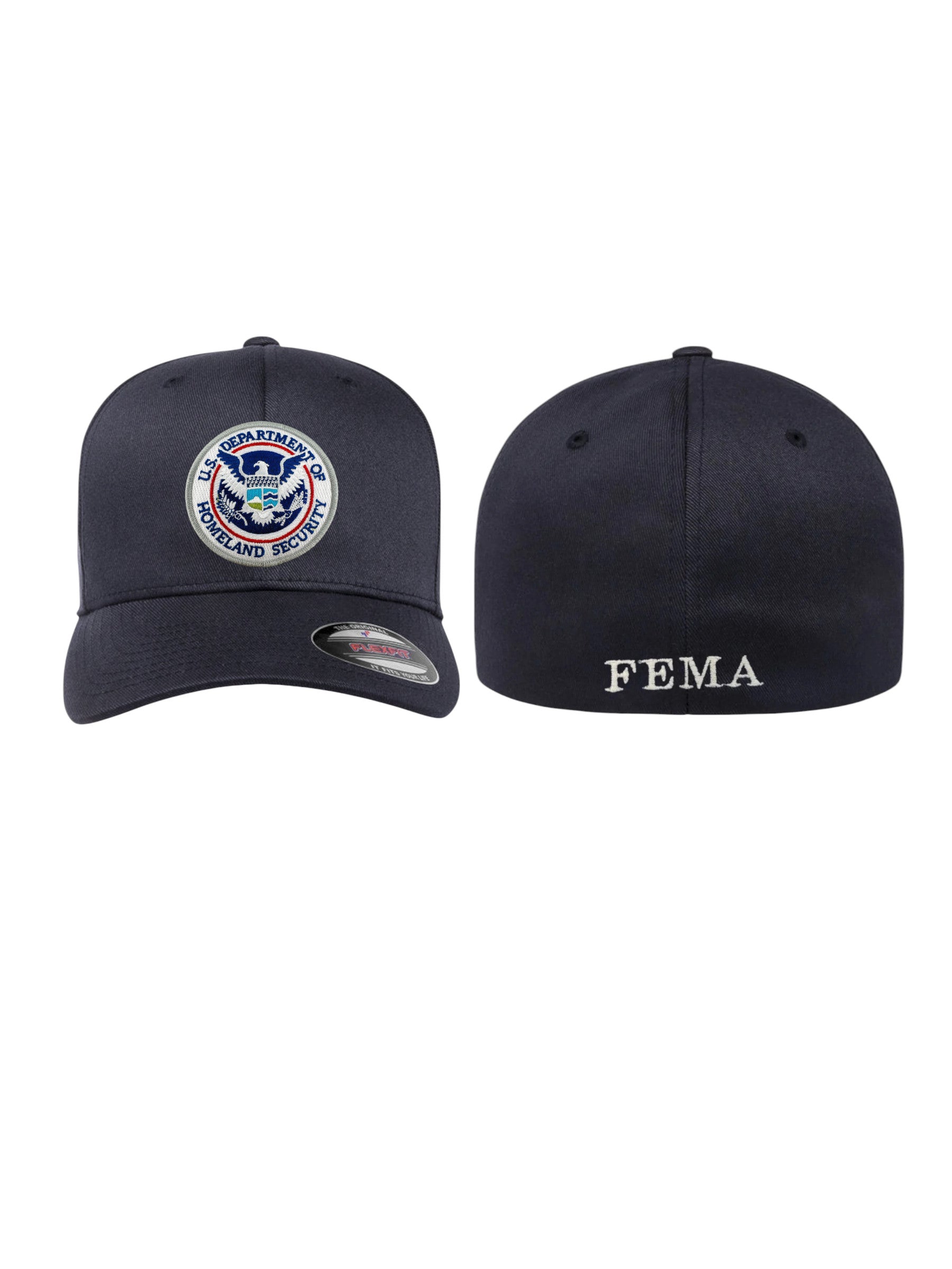 DHS SEAL W/ WHITE FEMA ON BACK FLEX FIT HAT – Sally's Cop Shop