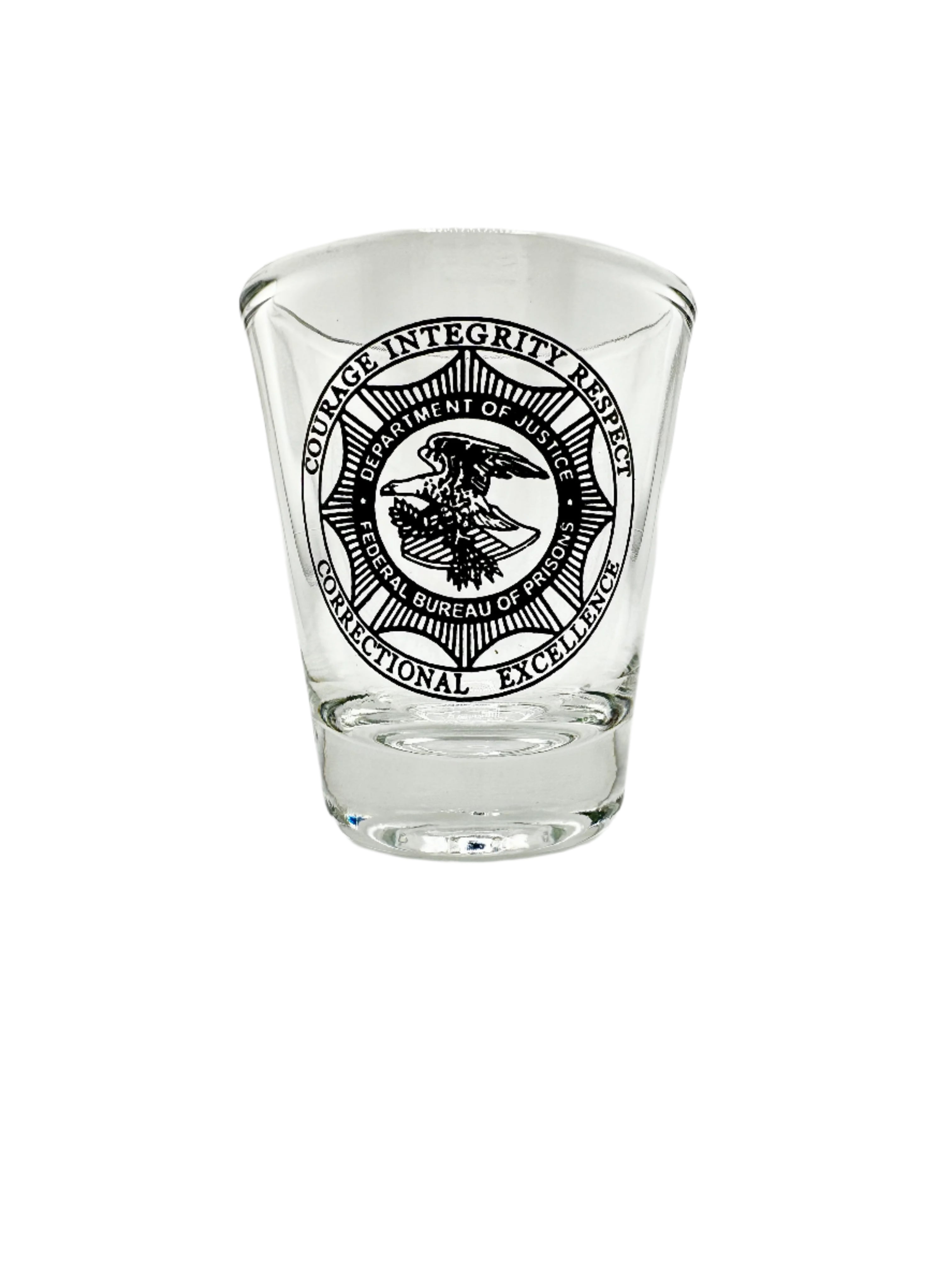 BOP BADGE ROUND CLEAR SHOT GLASS (PRINTED) – Sally's Cop Shop