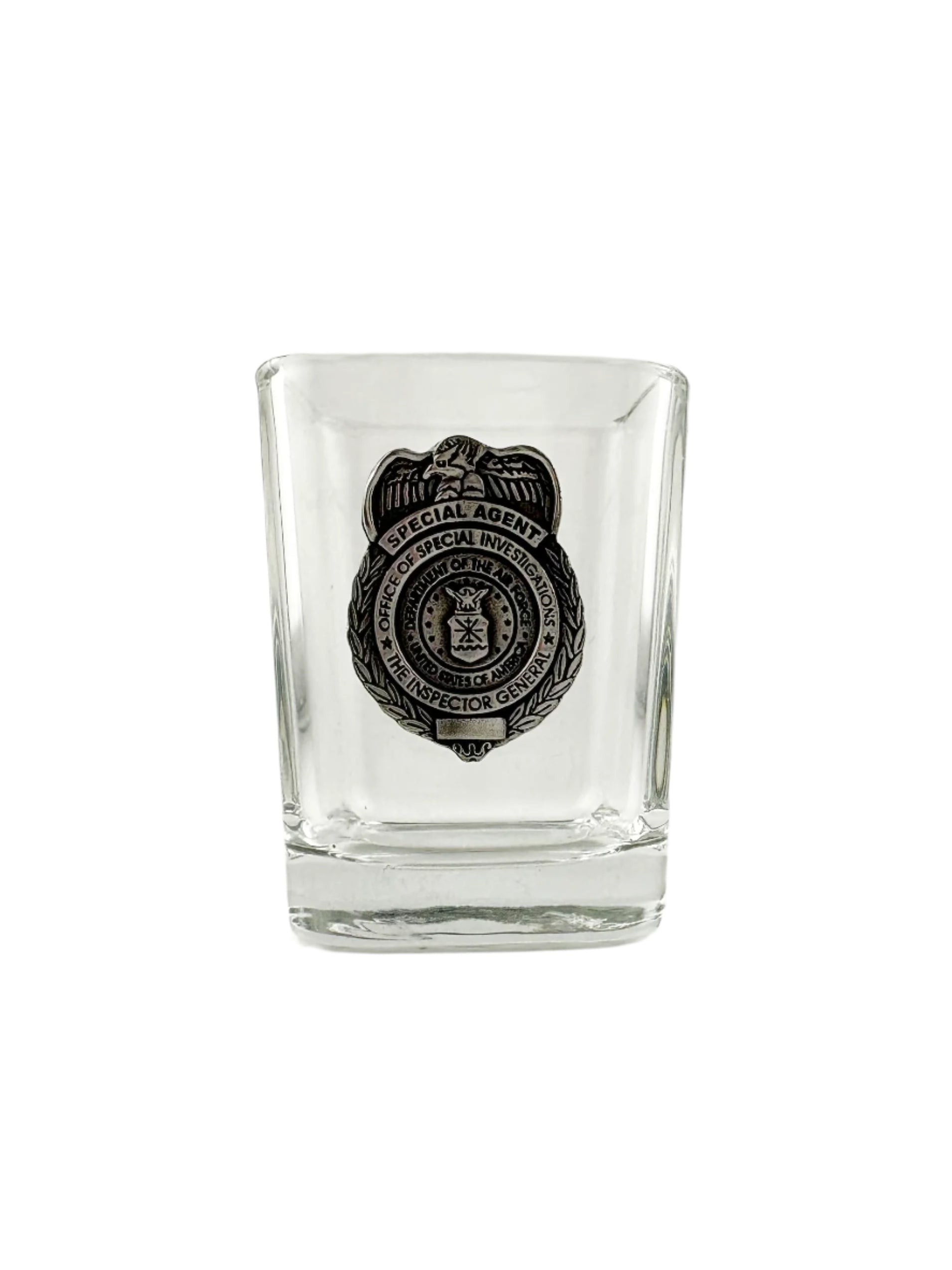 AF OSI, SQUARE SHOT GLASS W/PEWTER BADGE – Sally's Cop Shop